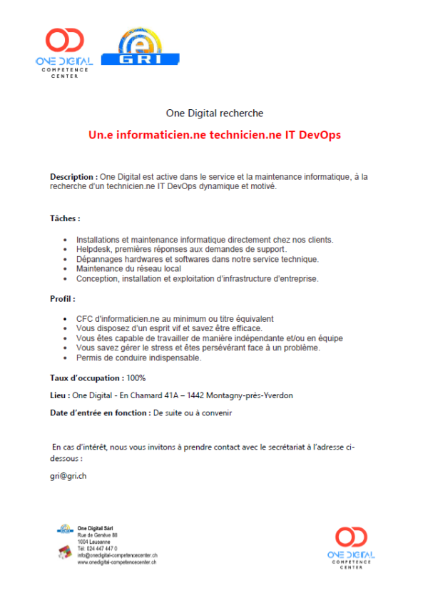 Offre d’emploi technicien.ne IT – Groupement Romand de l'Informatique